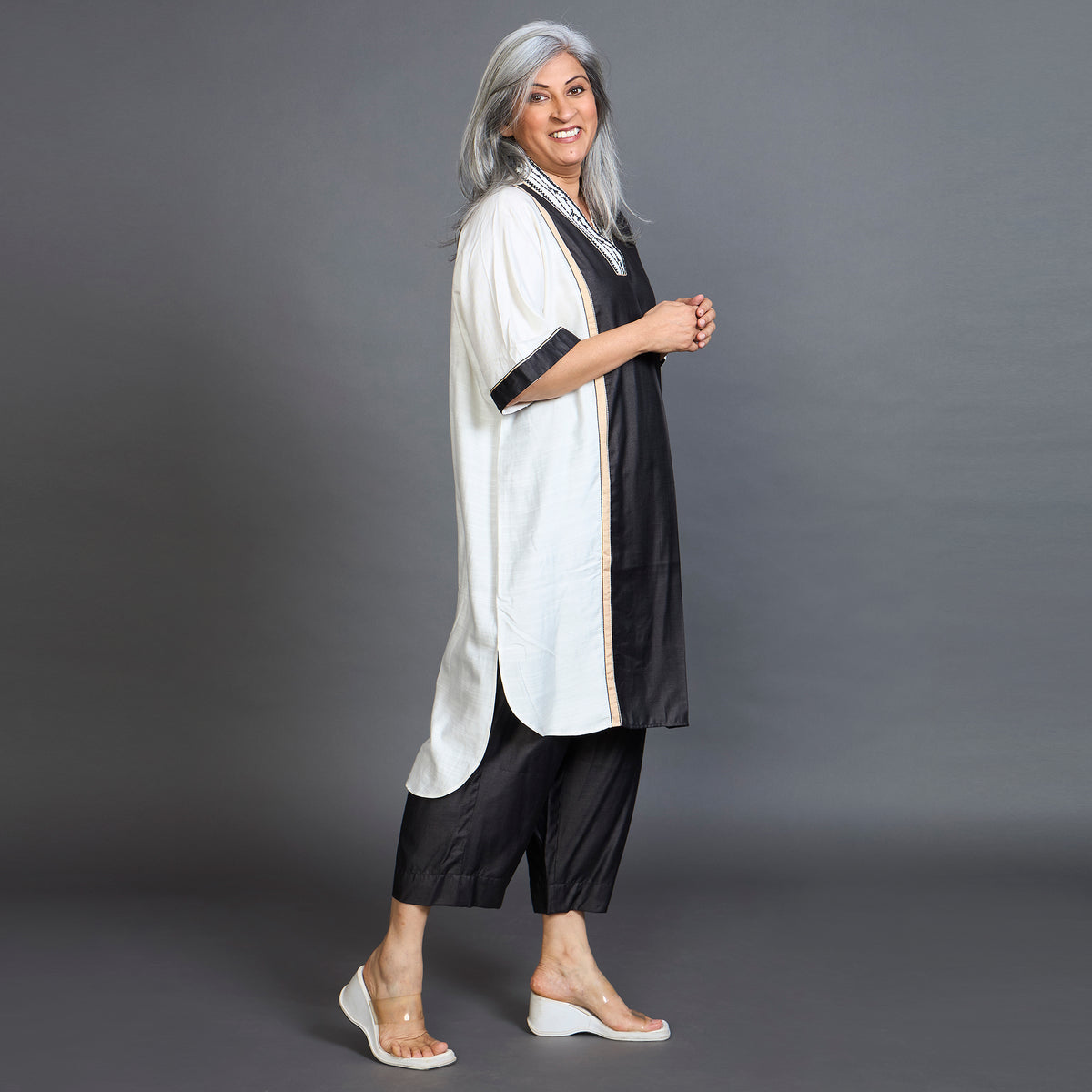 MEHAR Kaftan Set - Black & Ivory Cotton Silk (LAST PIECE) – O Layla